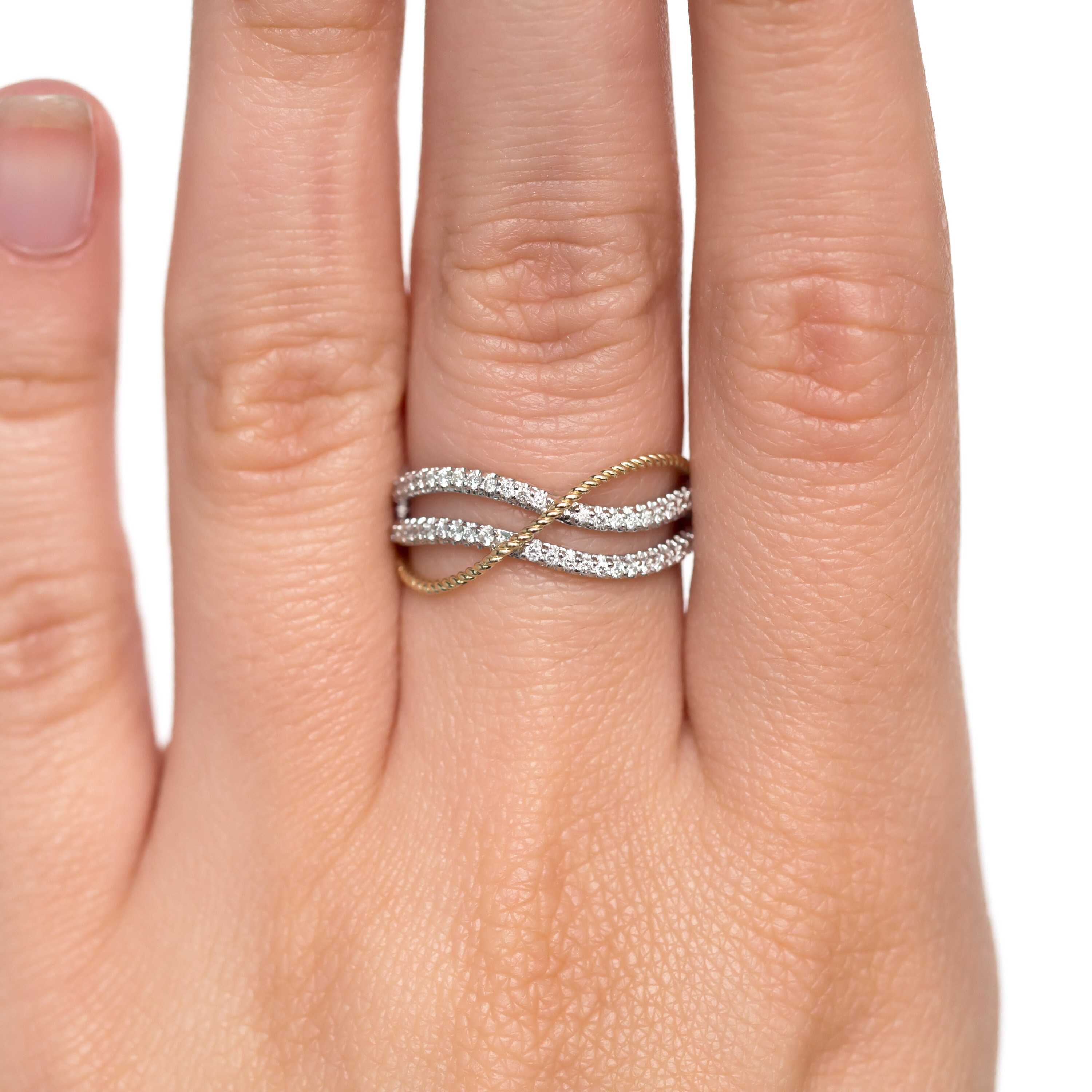 14K White Gold and Yellow Gold 3 Wave Diamond Ring, Pointer Finger Ring ...