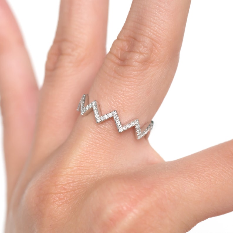 14K White Gold Zig-zag Diamond Ring, Pointer Finger Ring, Right Hand ...