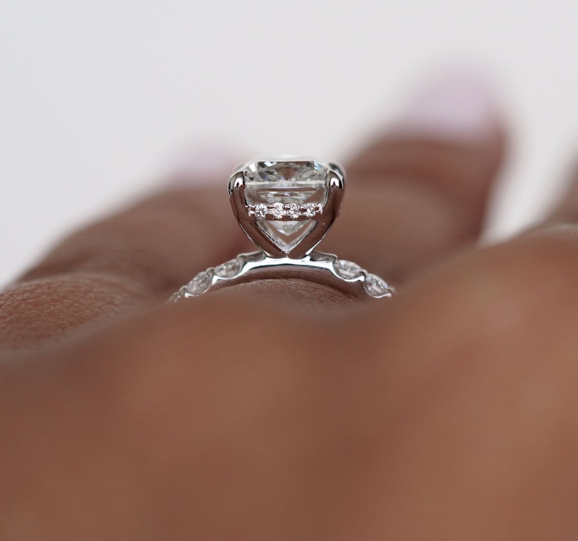 Cushion Cut Solitaire Engagement Ring With Diamonds on Band & Around ...