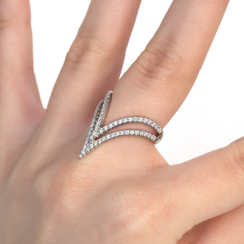14k White Gold Double V Luxury Diamond Ring, Pointer Finger Ring, Right ...