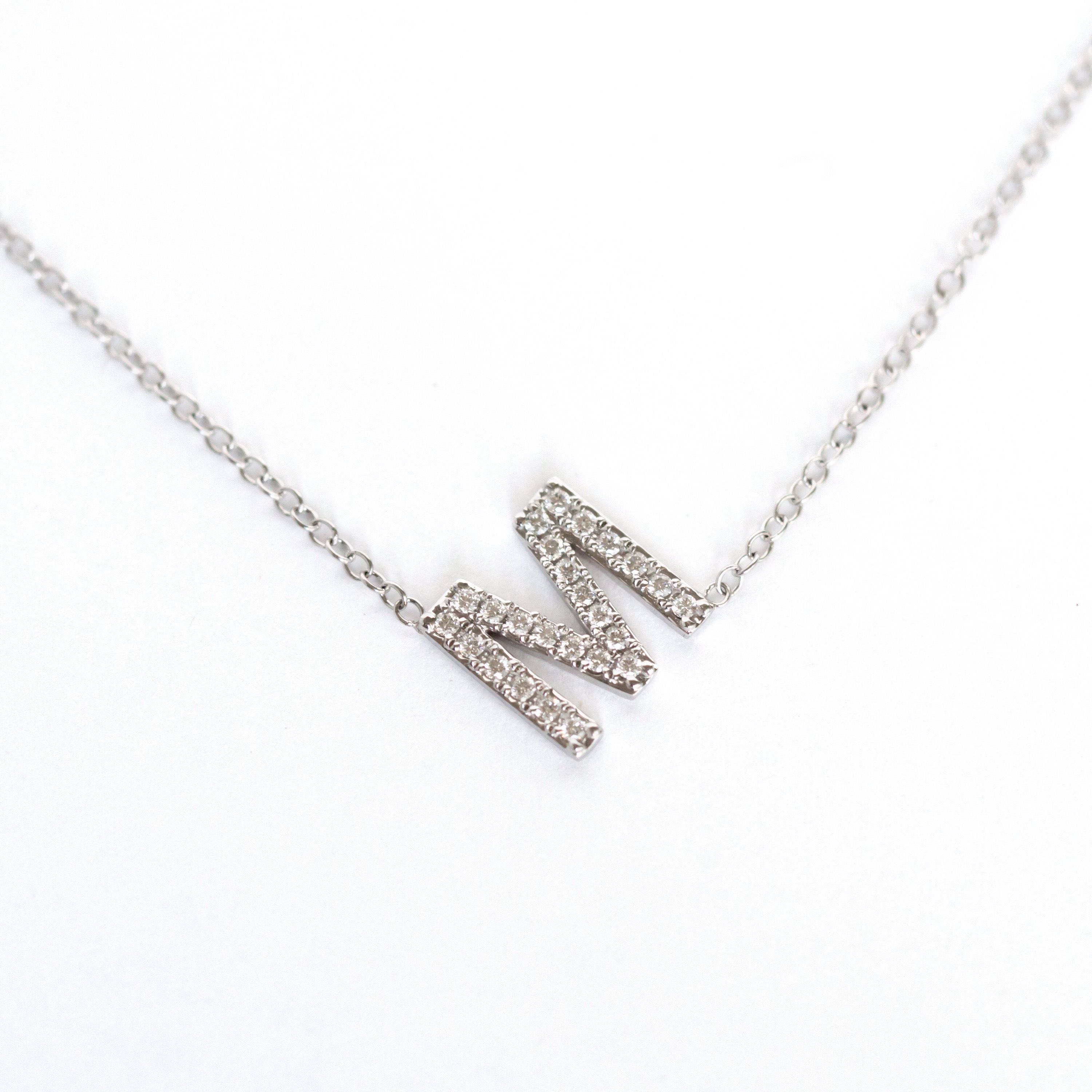Slanted Block M Diamond Initial Pendant on Dainty Chain, M Letter ...
