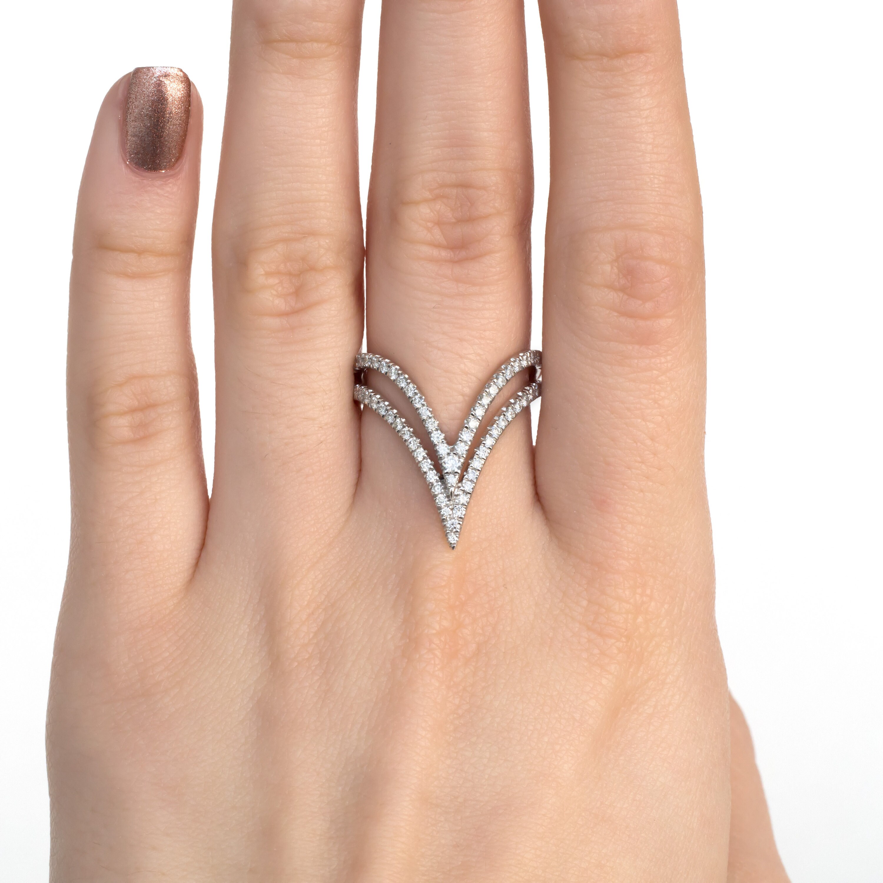 14k White Gold Double V Luxury Diamond Ring, Pointer Finger Ring, Right ...