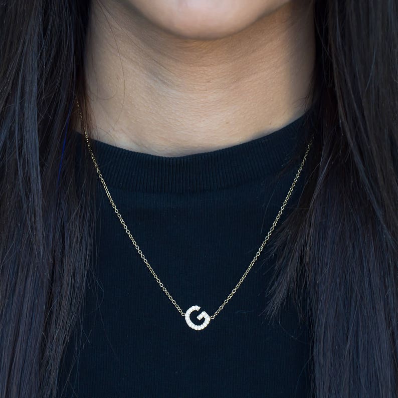Slanted Block G Diamond Initial Pendant on Dainty Chain, G Letter ...