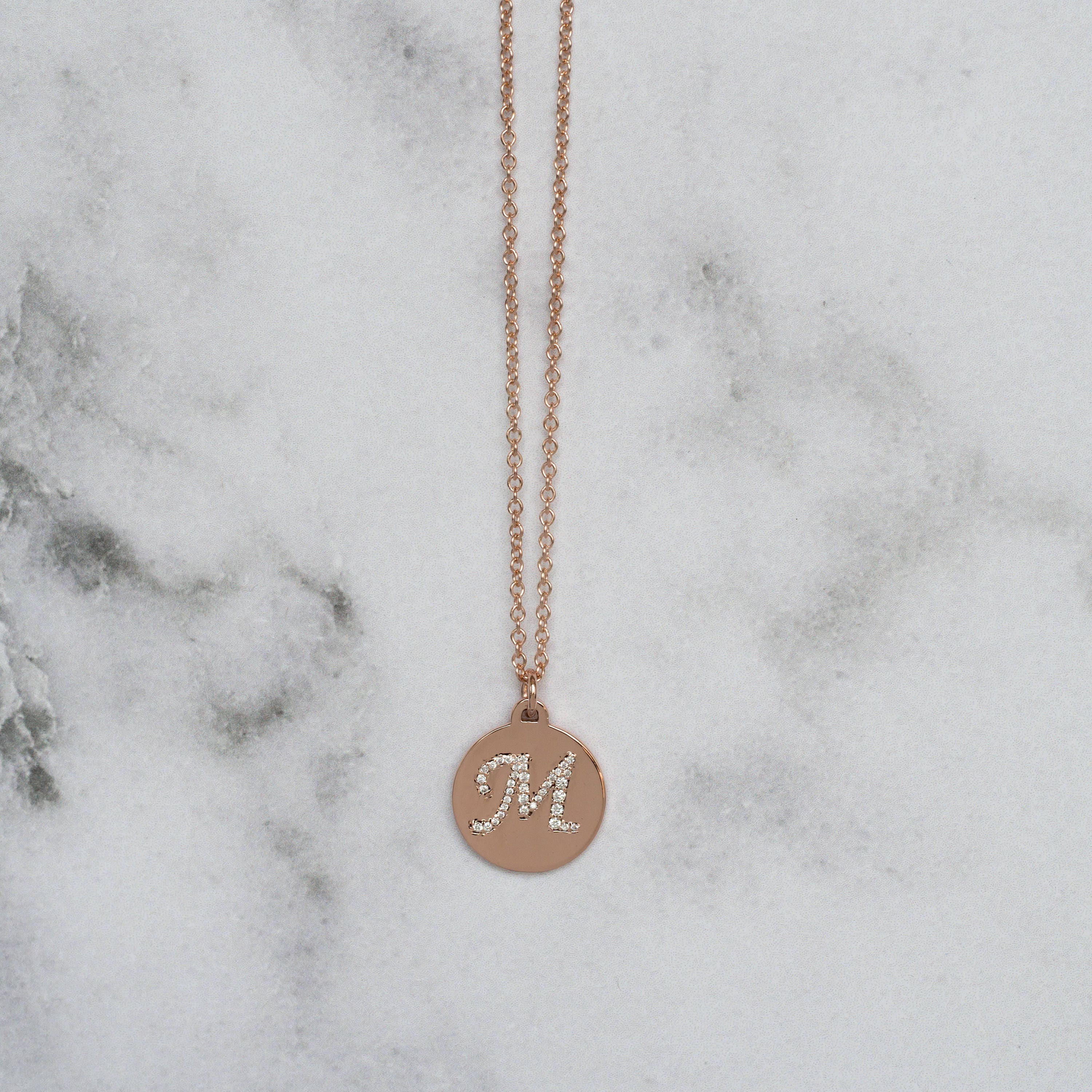 Round M Diamond Initial Pendant With Chain - Rose Gold M Pendant - Etsy