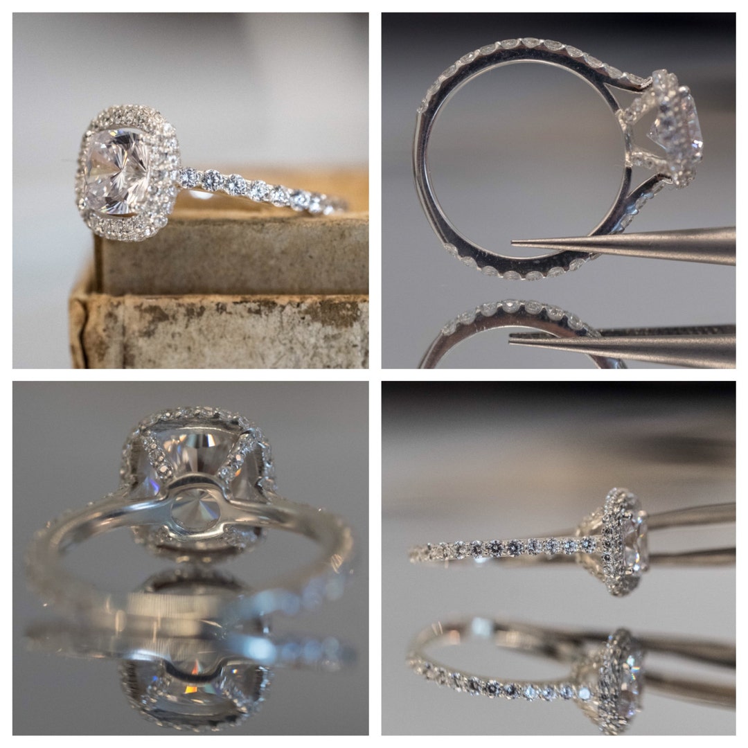 Cushion Cut Engagement Ring Setting With Halo, Diamonds on Band ...