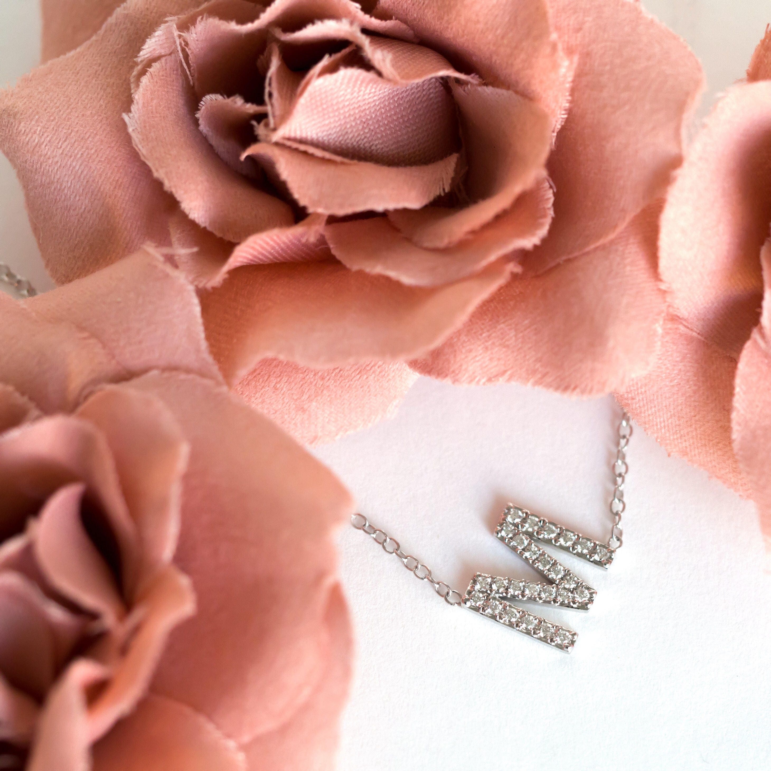 Slanted Block M Diamond Initial Pendant on Dainty Chain, M Letter ...