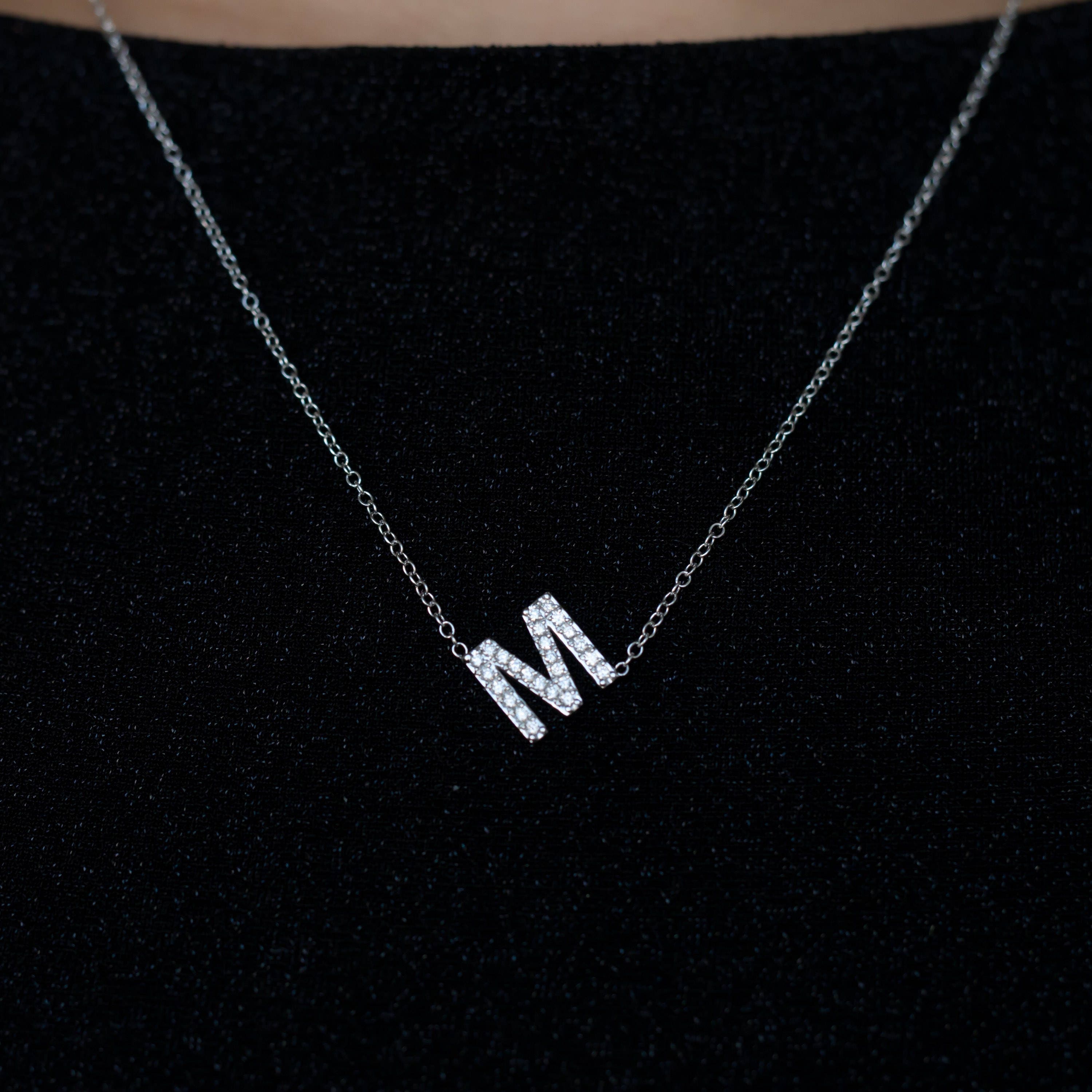 Slanted Block M Diamond Initial Pendant on Dainty Chain, M Letter ...
