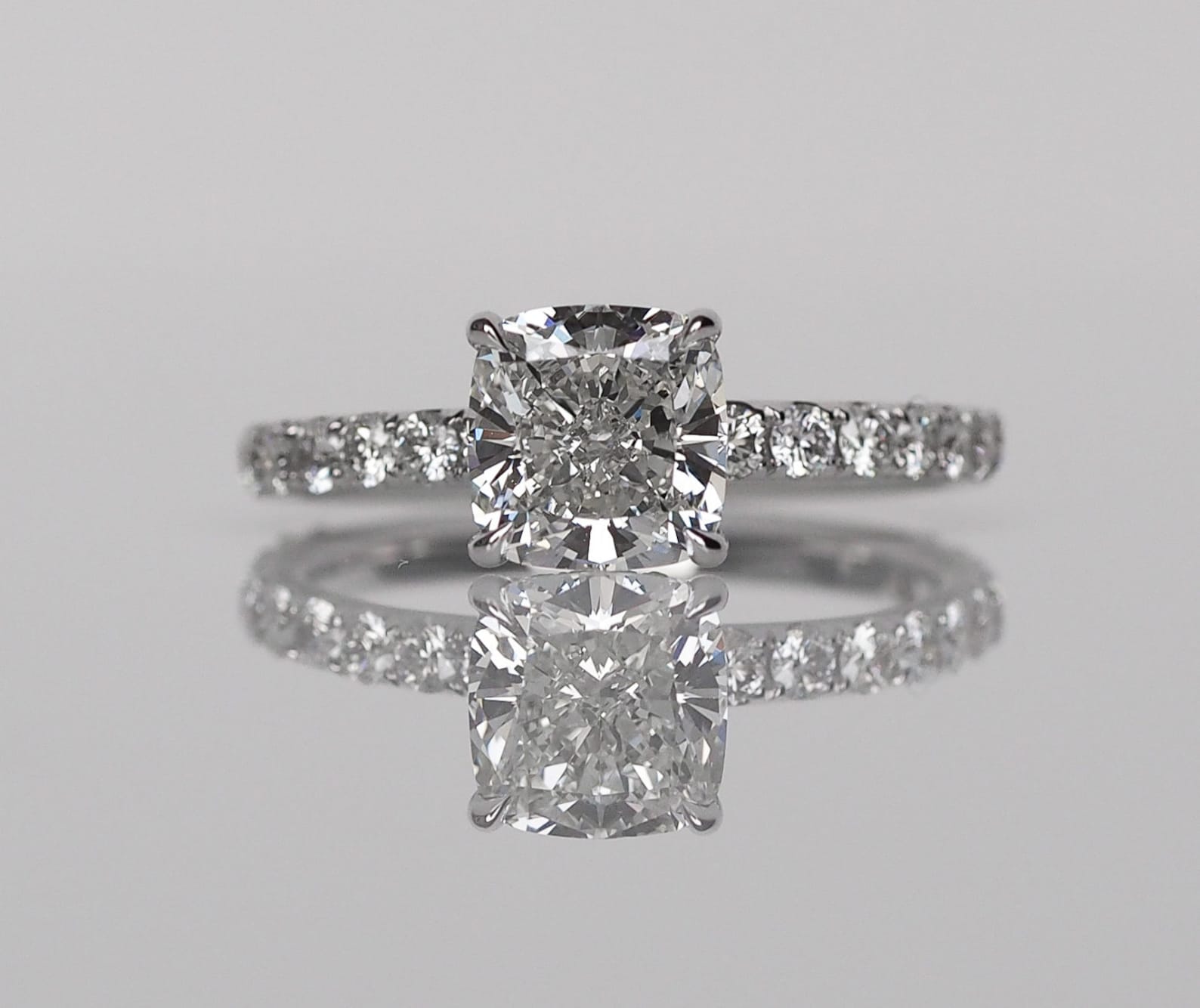 Cushion Cut Solitaire Engagement Ring With Diamonds on Band & Around ...