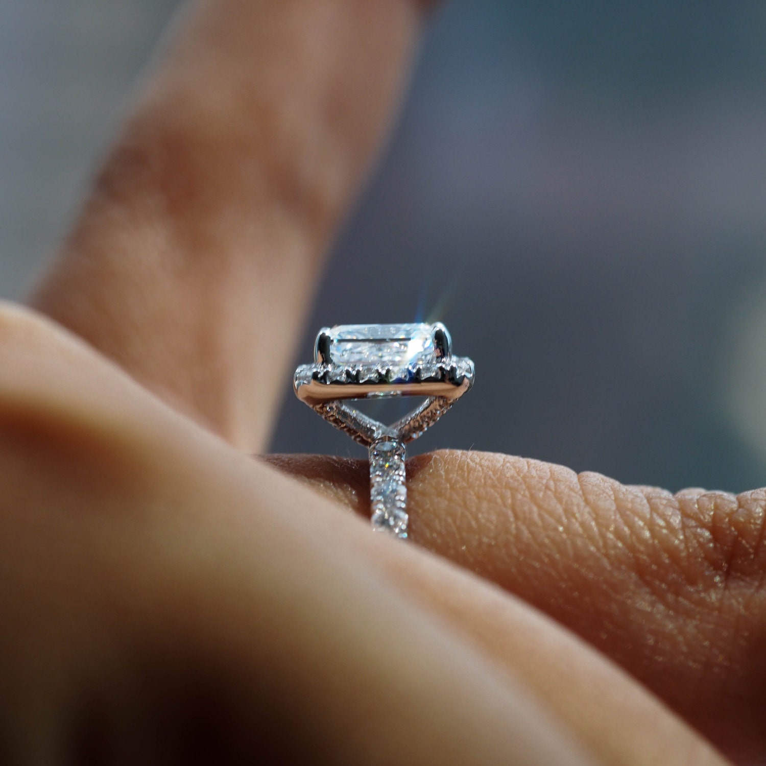 Radiant Cut Engagement Ring Setting With Diamonds on Halo, Diamond 3/4 ...