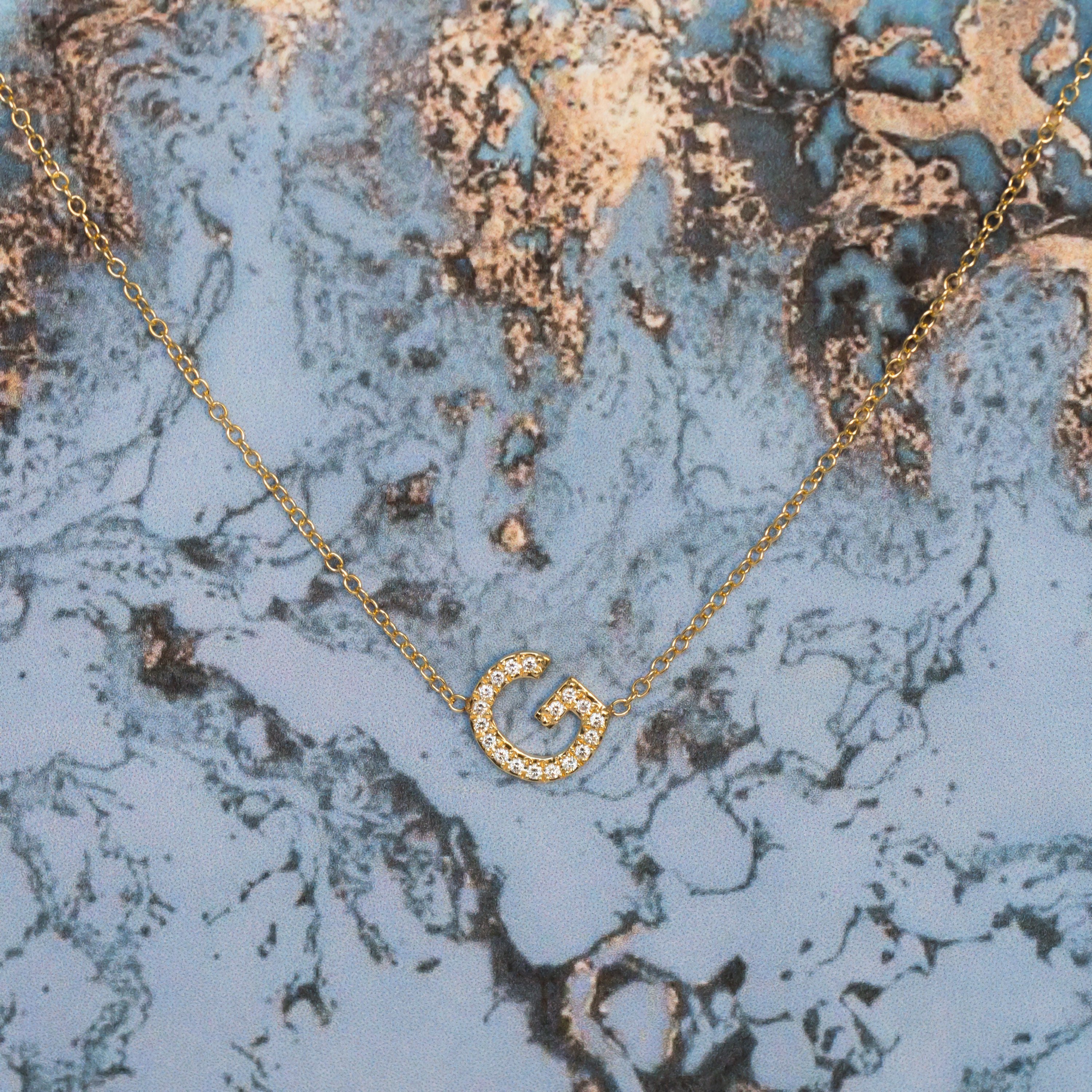 Slanted Block G Diamond Initial Pendant on Dainty Chain, G Letter ...