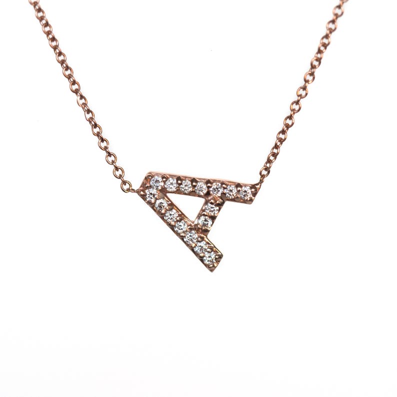 Slanted Block M Diamond Initial Pendant on Dainty Chain, M Letter ...