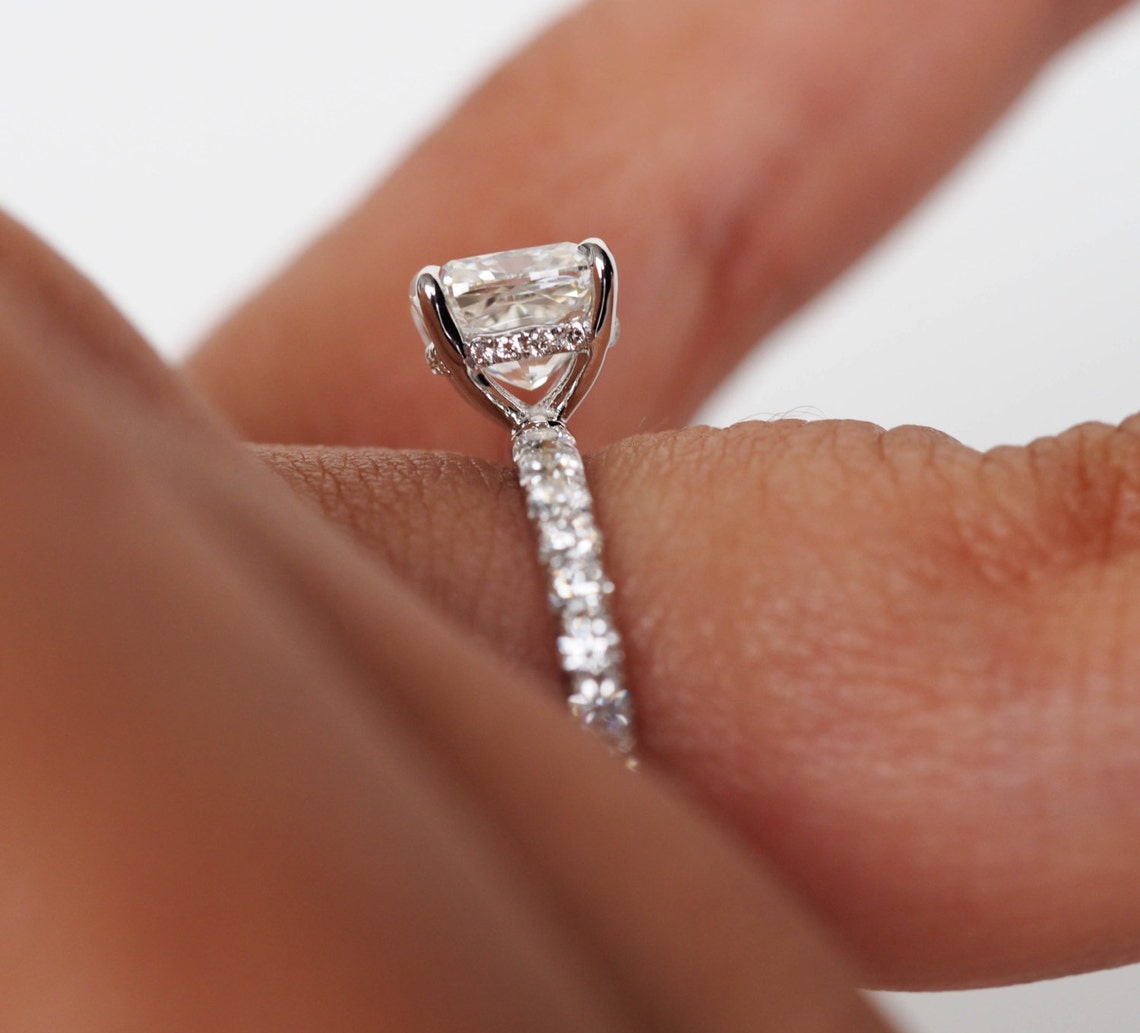 Cushion Cut Solitaire Engagement Ring With Diamonds on Band & Around ...