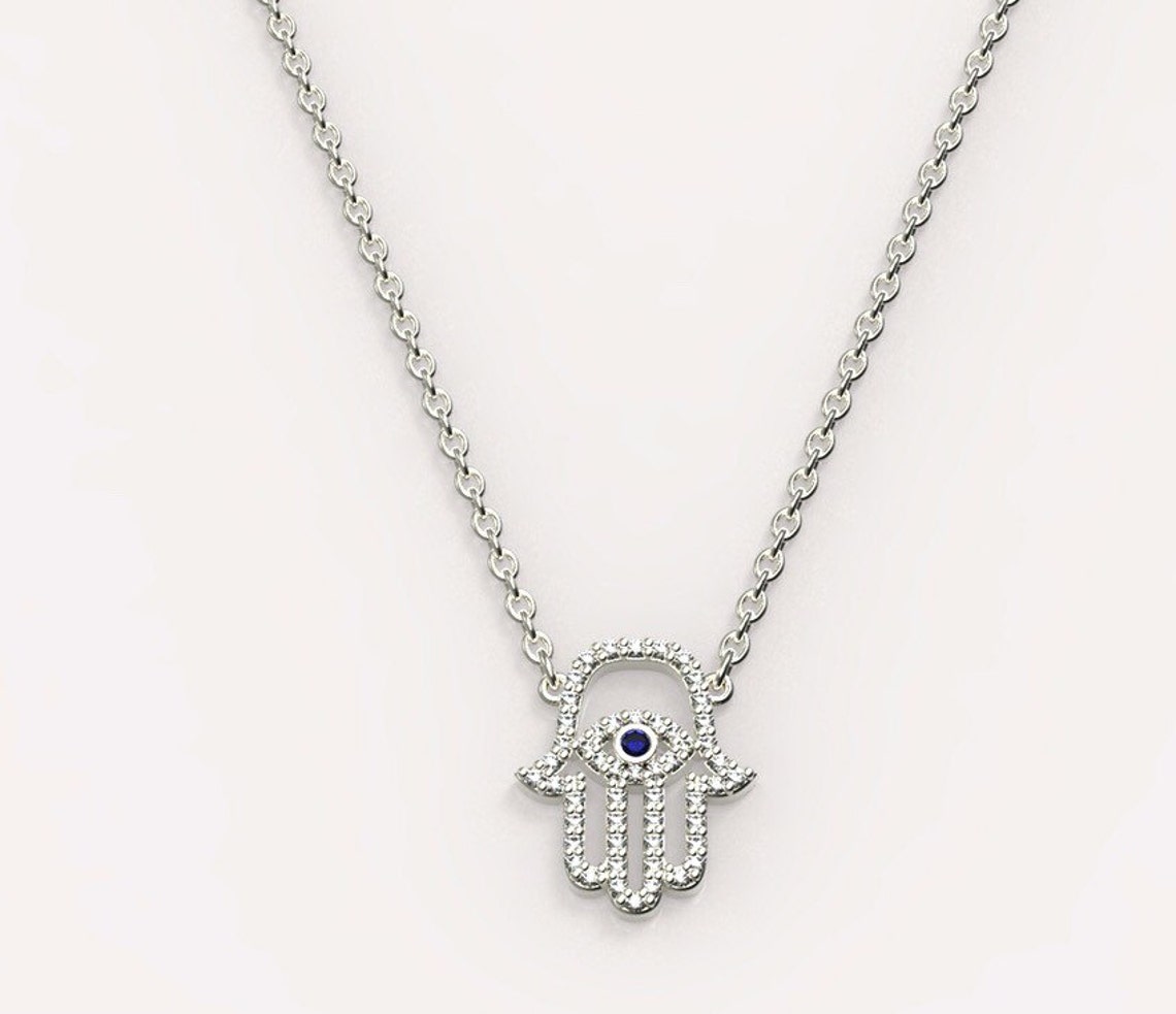 Small White Gold Hamsa Pendant on a Dainty Necklace, Hamsa Diamond ...