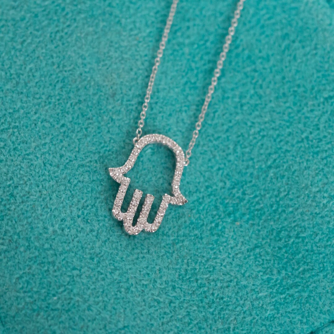 Medium Diamond Open Hamsa Hand Pendant on a Dainty Necklace, Hamsa ...