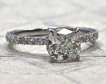 Cushion Cut Solitaire Engagement Ring With Diamonds on Band & | Etsy