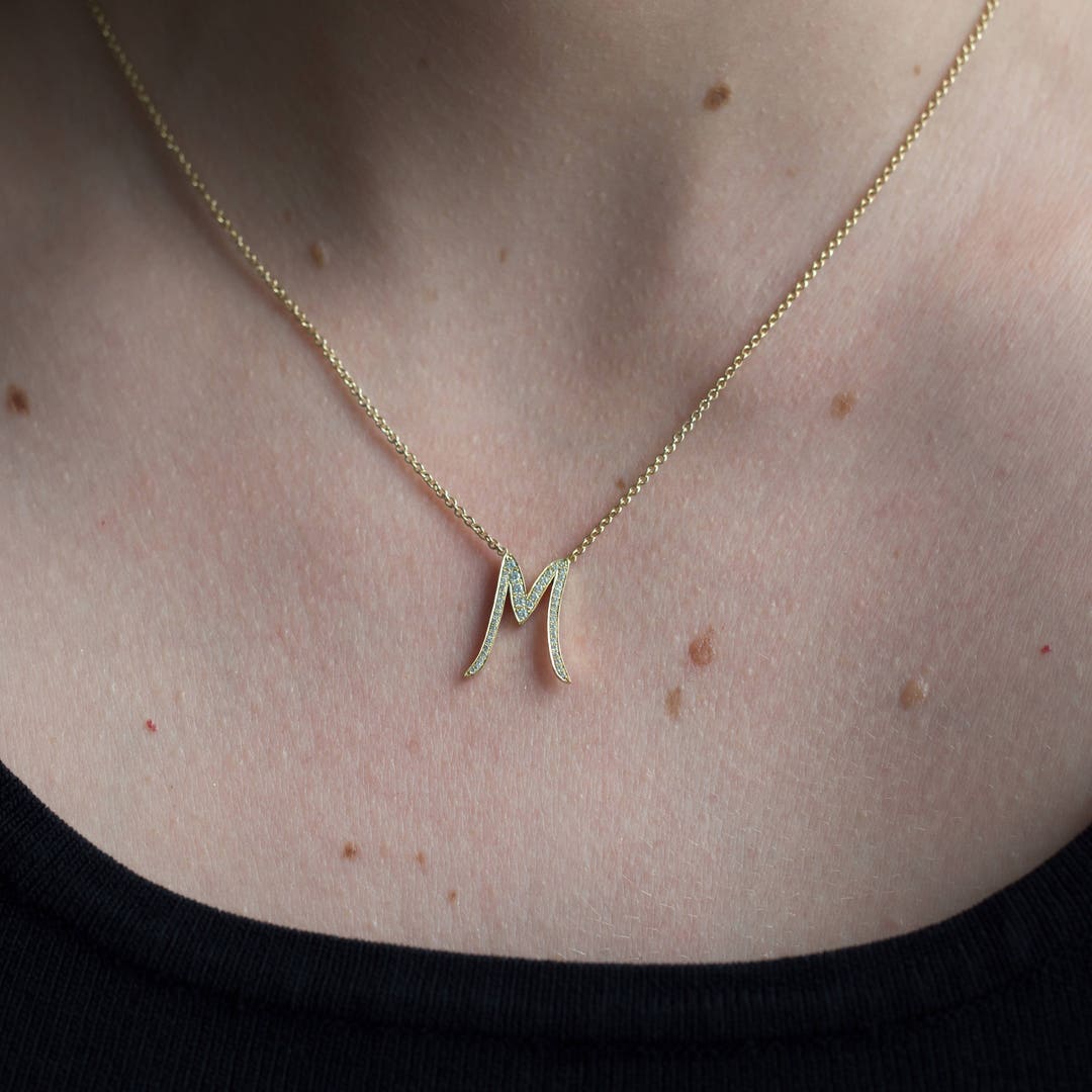Dainty M Diamond Initial Pendant on Dainty Chain, M Letter Pendant ...