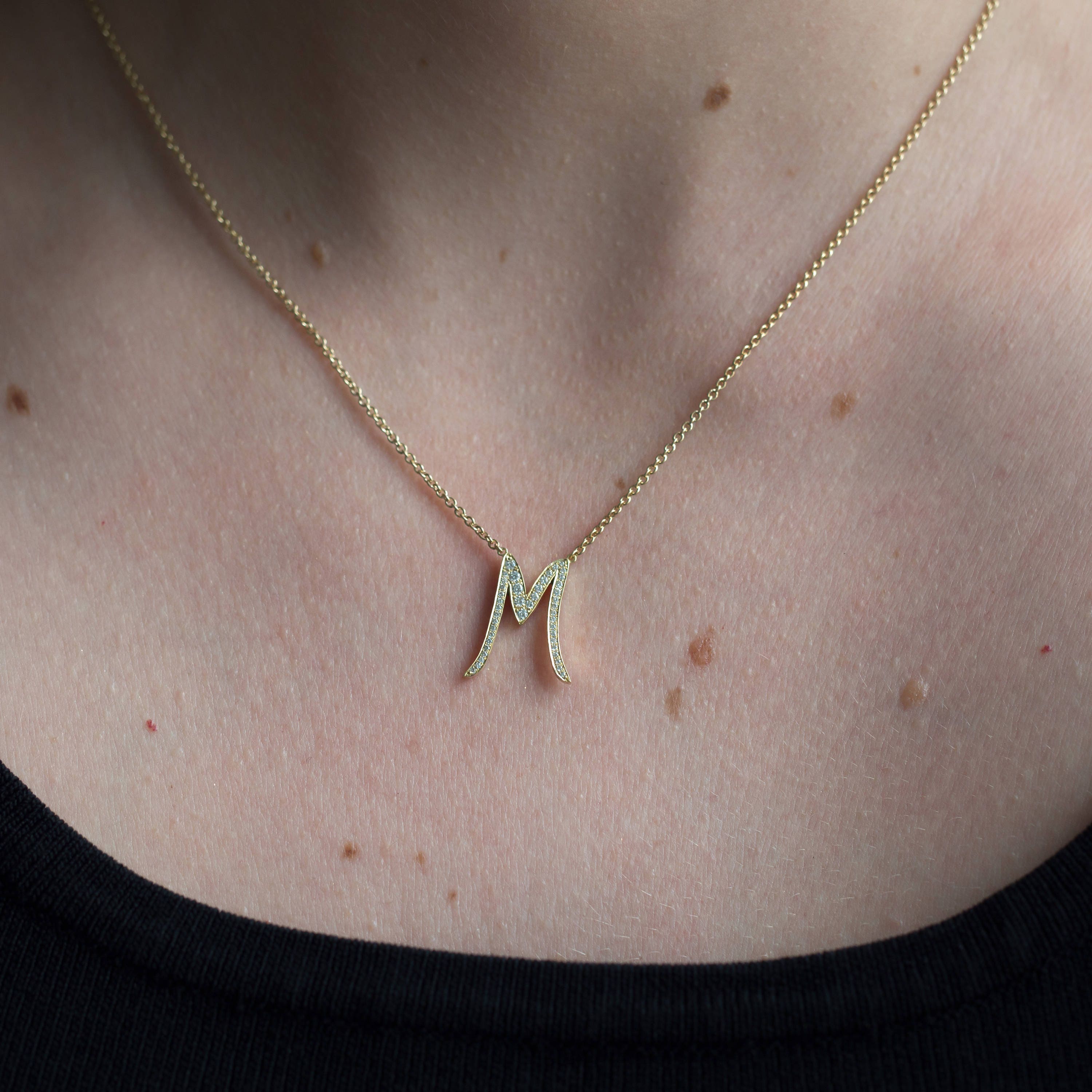 Dainty M Diamond Initial Pendant on Dainty Chain, M Letter Pendant ...