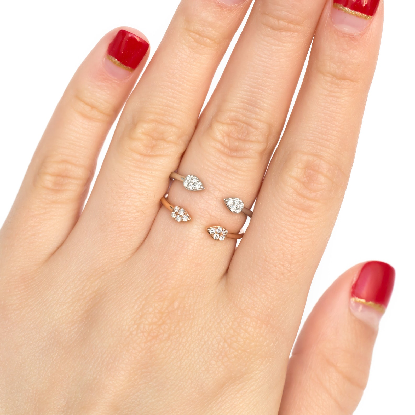 Open Cuff Diamond Leaf Ring, Horse Shoe Ring, Stackable Ring, Pointer ...