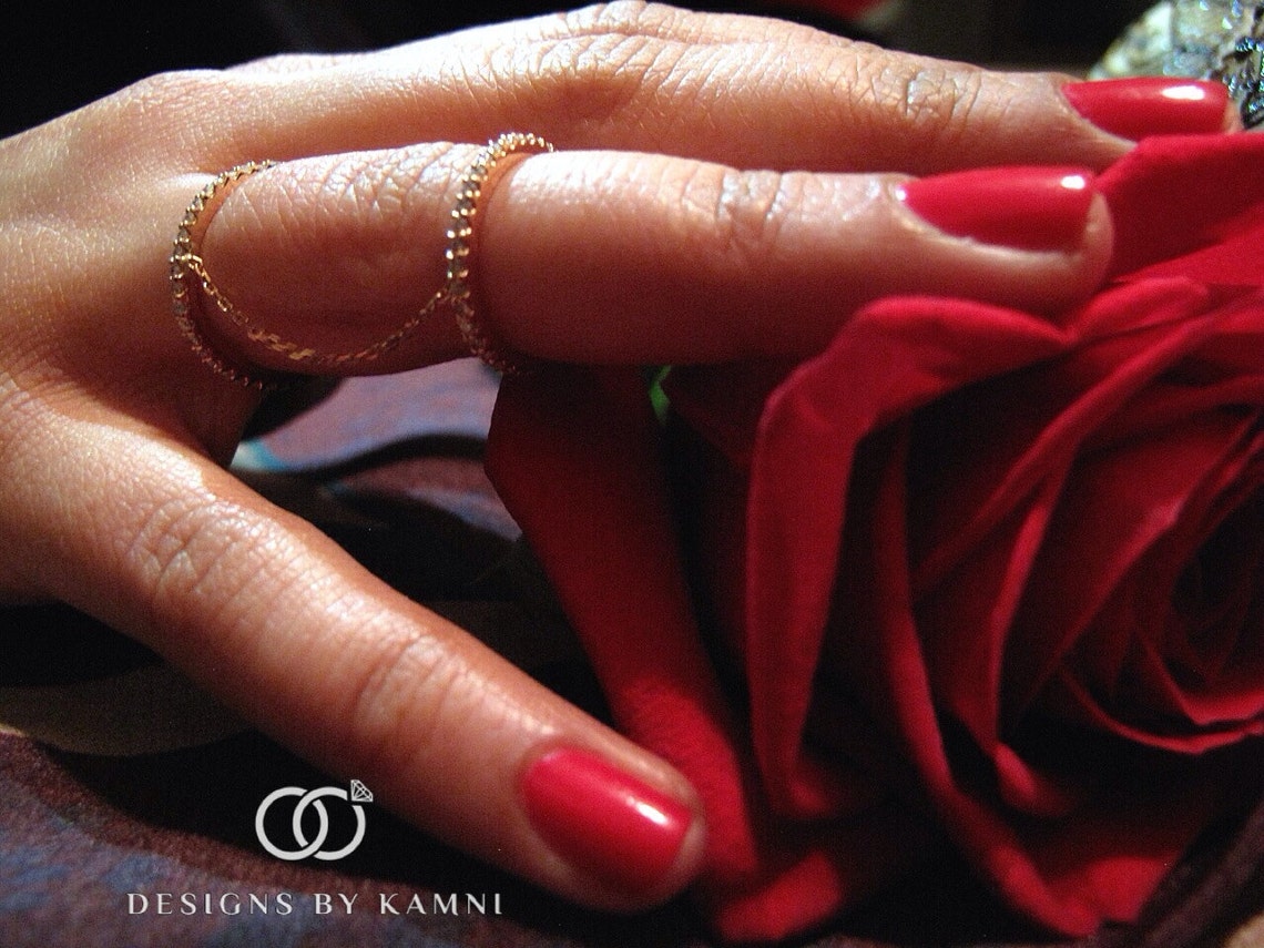 14k Gold and Diamond Chain Ring, Knuckle Ring, Diamond Pave Ring, 14k ...