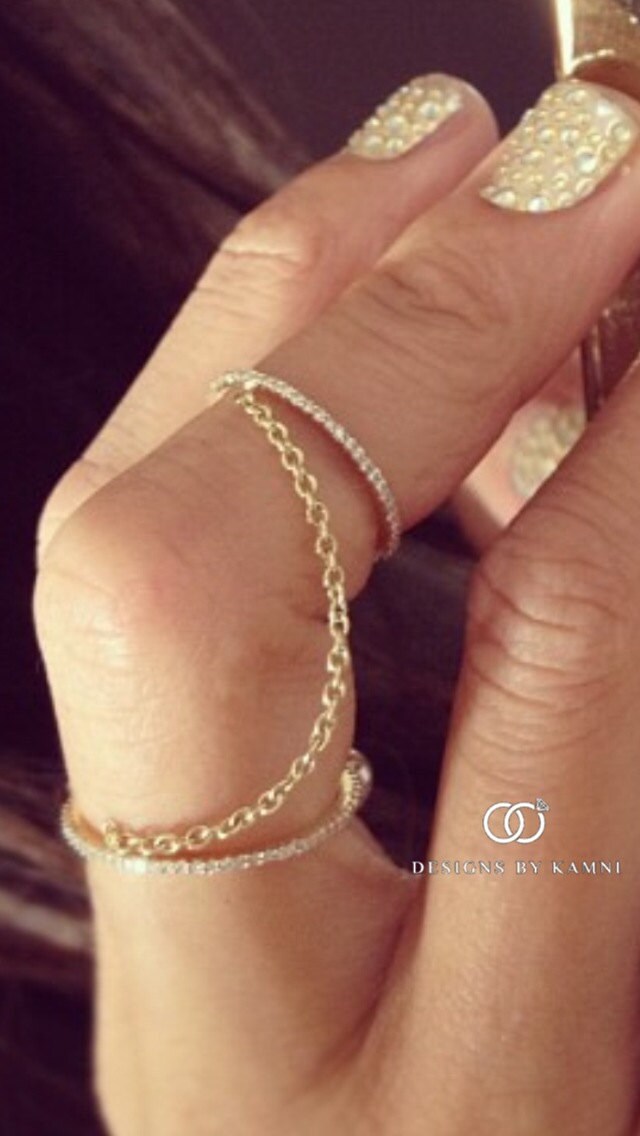 14k Gold and Diamond Chain Ring Knuckle Ring Diamond Pave - Etsy