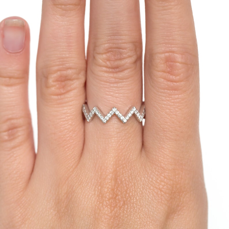 14K White Gold Zig-zag Diamond Ring, Pointer Finger Ring, Right Hand ...