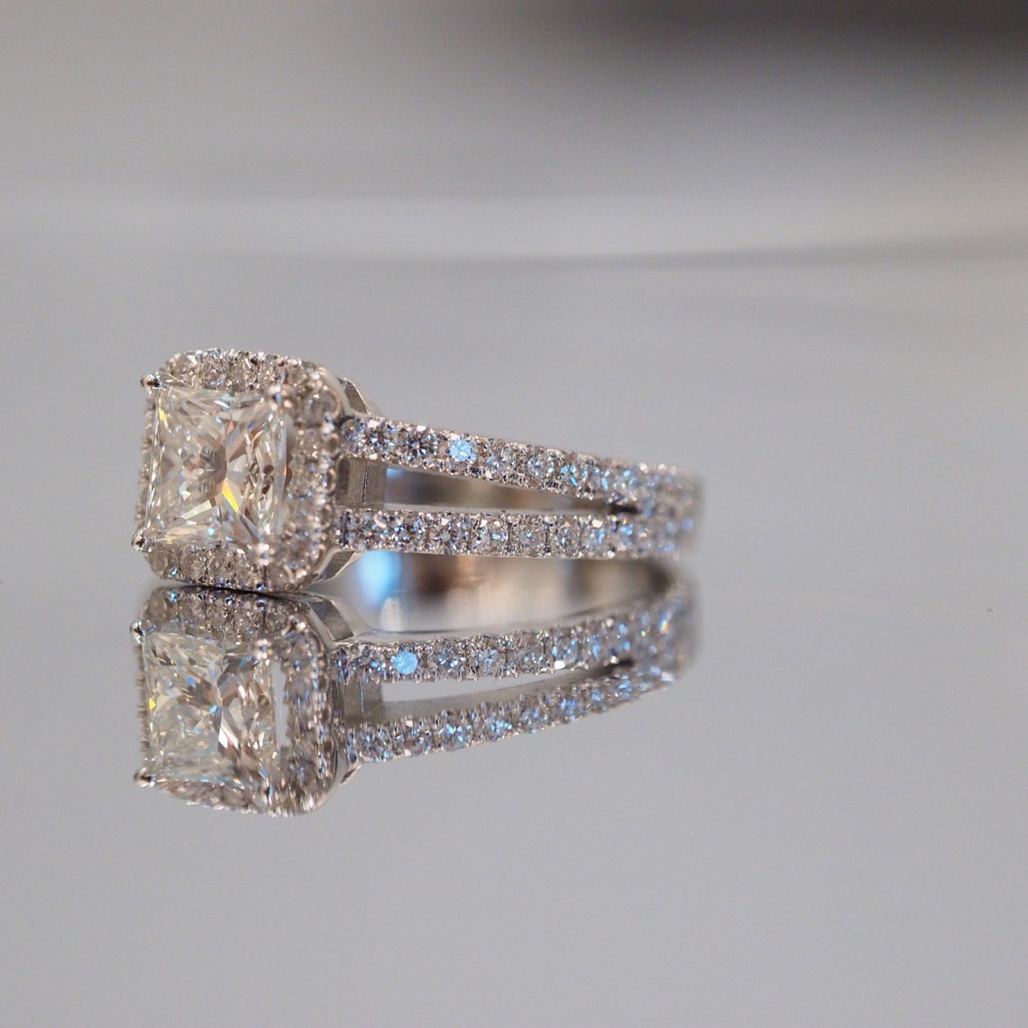 Halo Princess Cut Engagement Ring With Split Shank Band in - Etsy