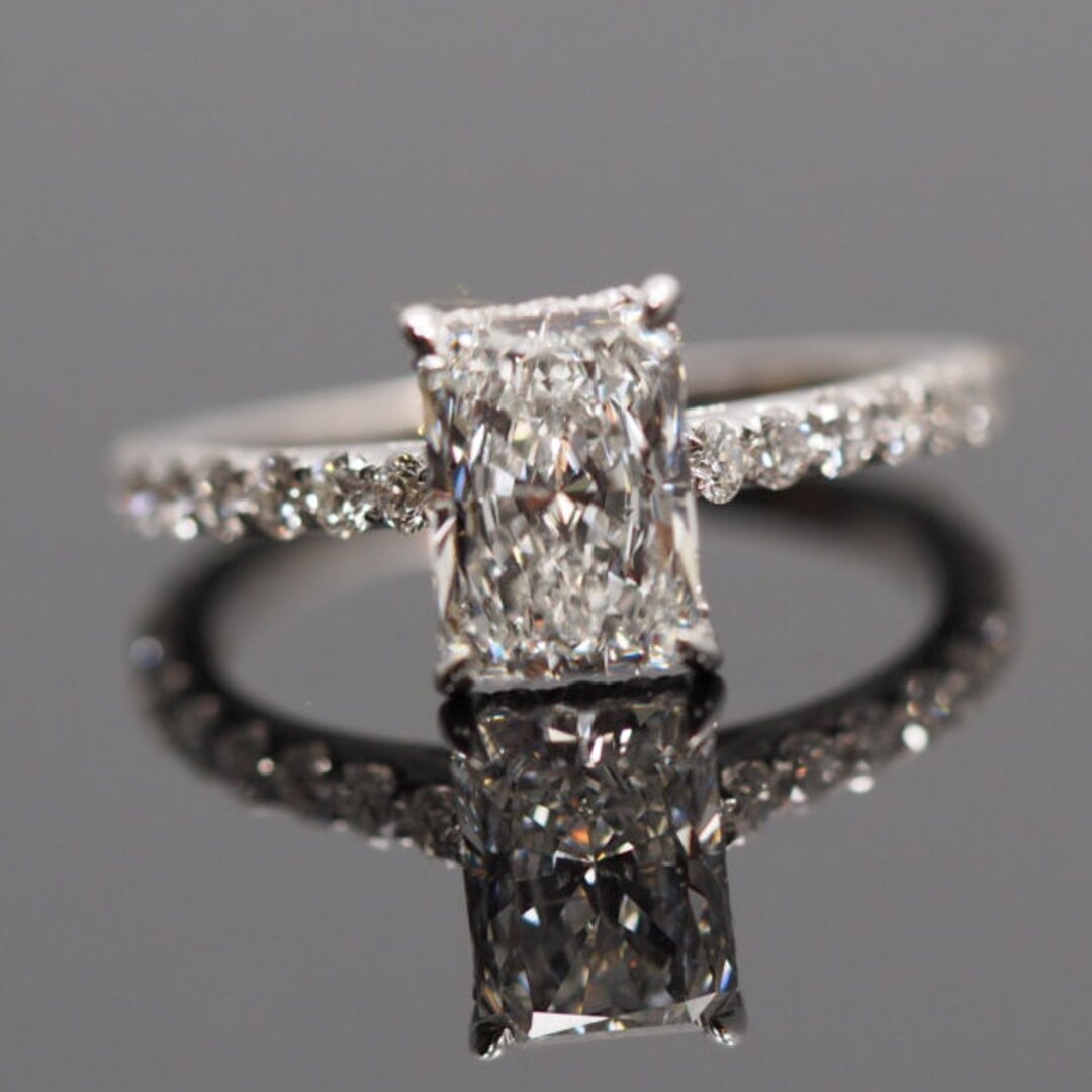 Radiant Cut Solitaire Engagement Ring With Diamonds on Band & Around ...