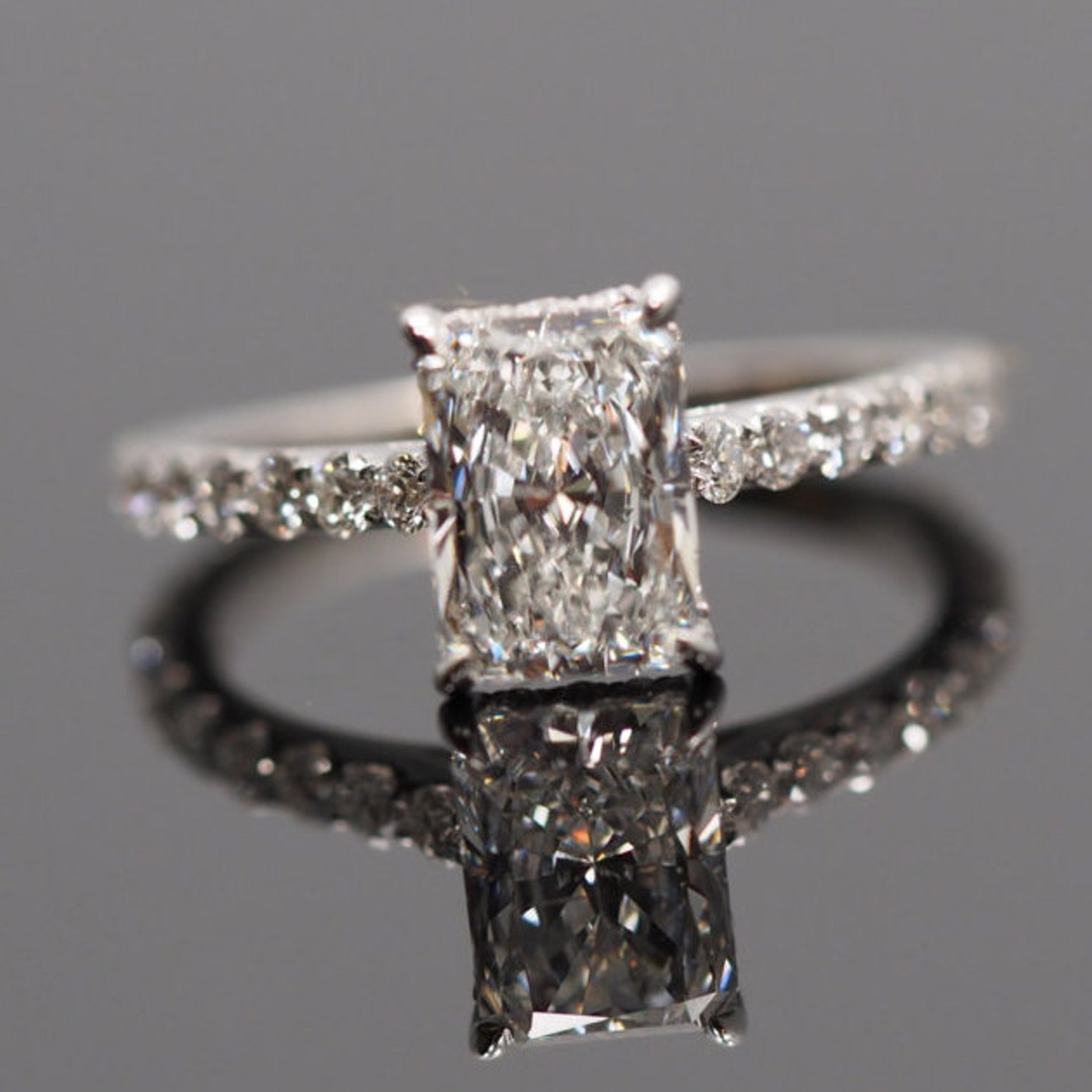 Radiant Cut Solitaire Engagement Ring With Diamonds on Band & - Etsy