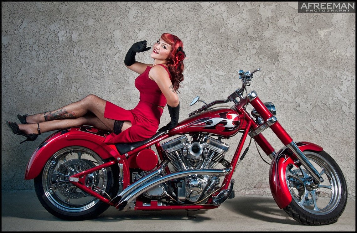 Motorcycle Chopper Pinup Print Etsy
