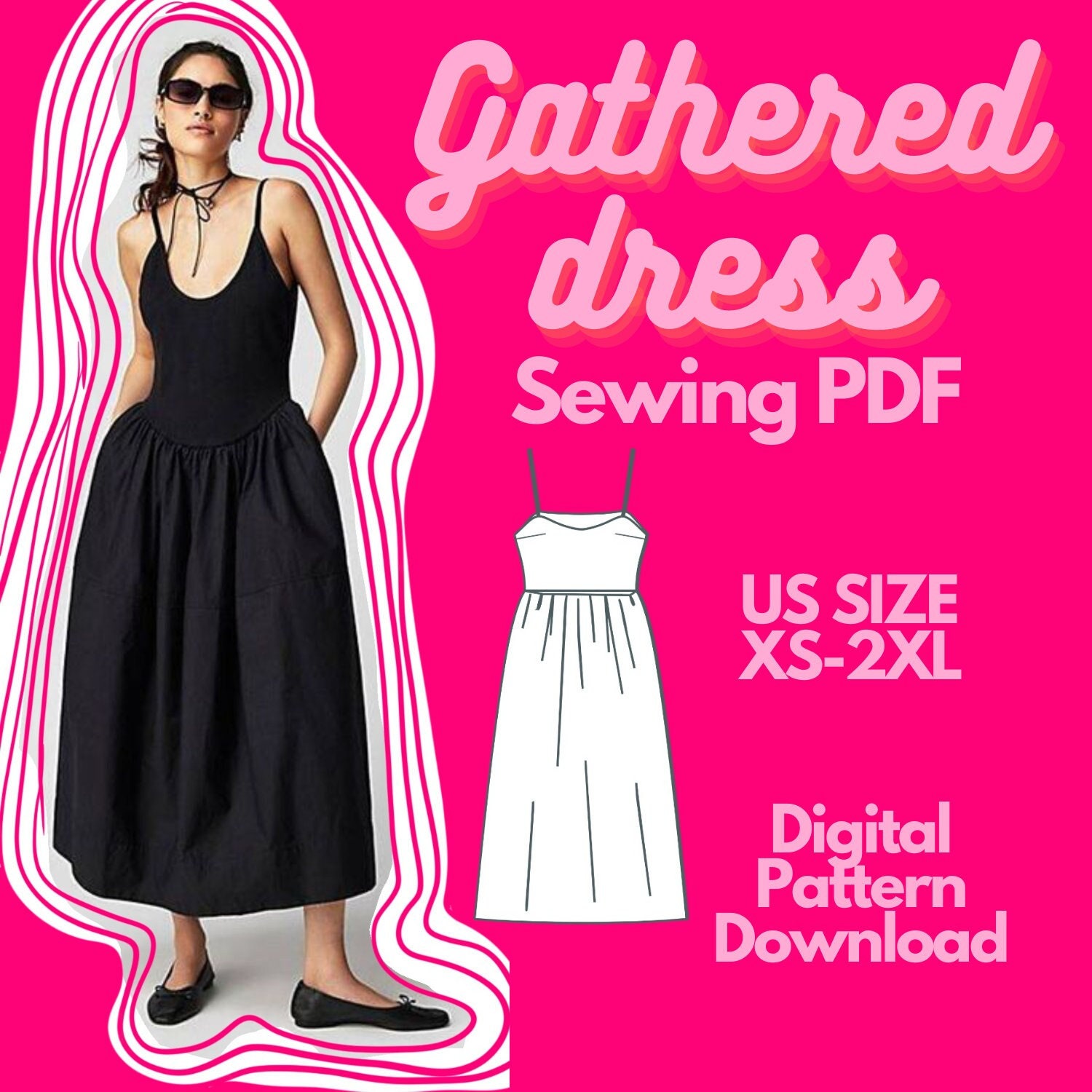 Gathered Midi Dress Sewing Pattern: US XS-2XL (digital Download) - Etsy