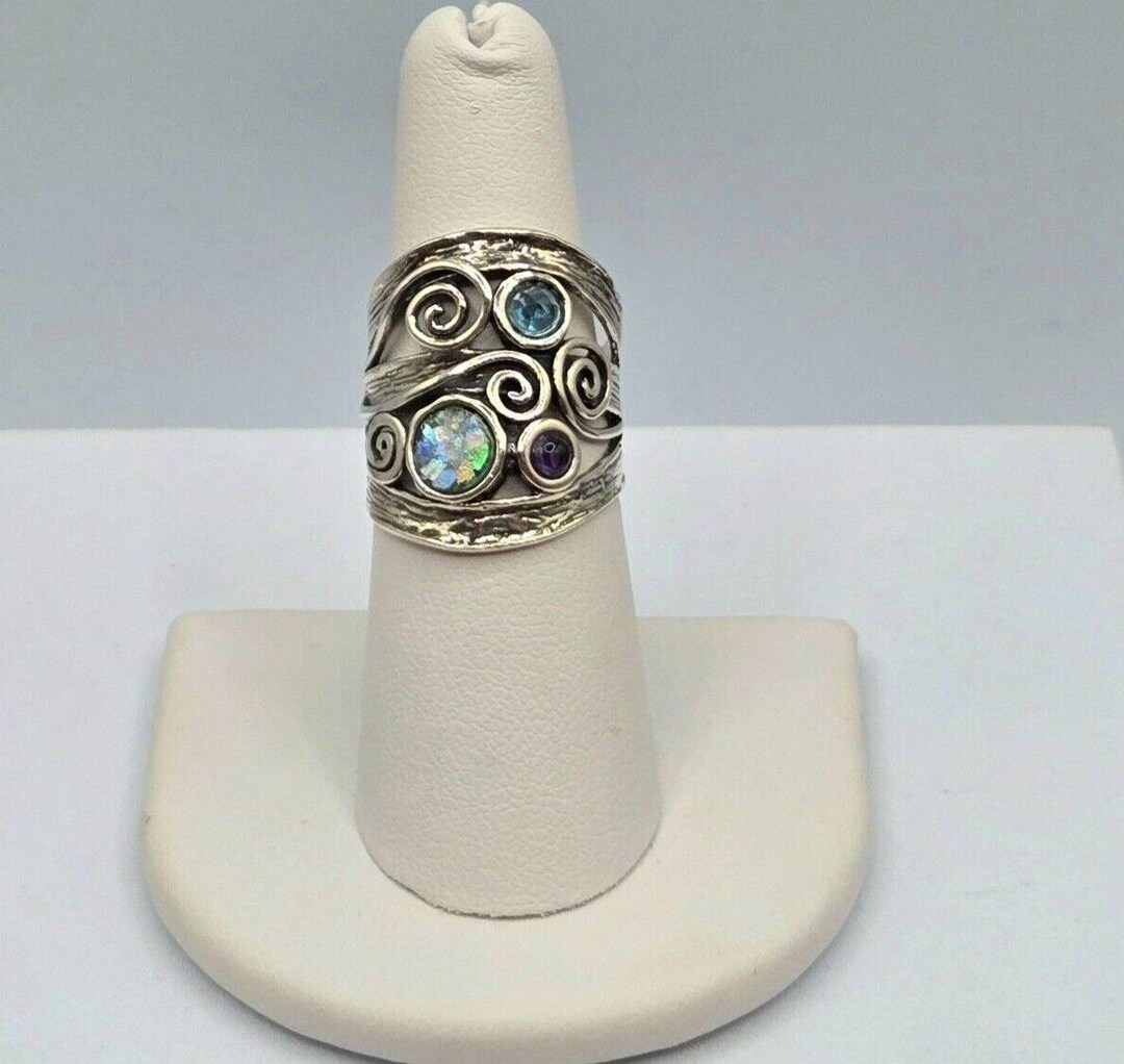 Or Paz Ring 925 Sterling Silver Fire Opal Amethyst Blue Topaz PZ Israel ...