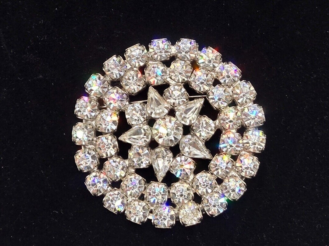 Vintage Weiss Brooch Large Round Silver Tone W/ Prong Set Clear ...