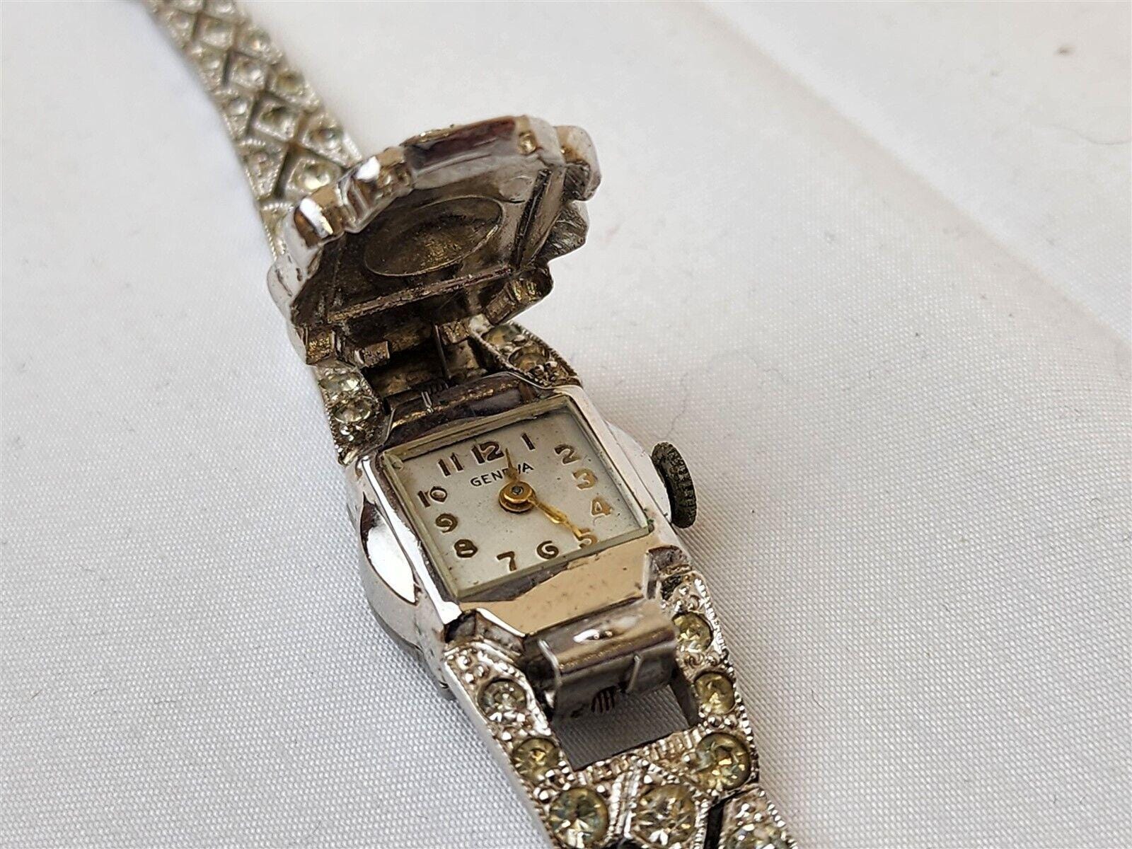 Vintage 1950's Geneva Art Deco Crystal Hidden Face Watch Bracelet ...