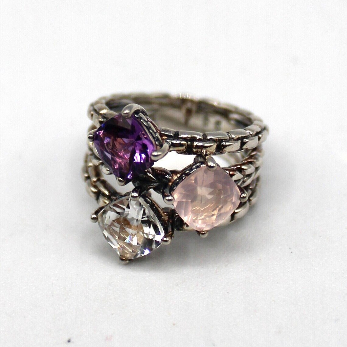 JAI Sterling Silver COOL Celebration Ring 3 Gemstone Pink Purple Clear ...