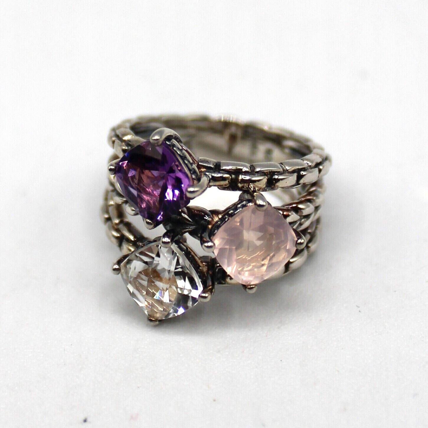 JAI Sterling Silver COOL Celebration Ring 3 Gemstone Pink Purple Clear ...