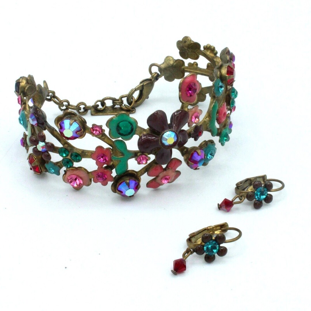 Vtg Sorrelli Fresh Flowers Bracelet & Earring Set AB Crystal Enamel ...
