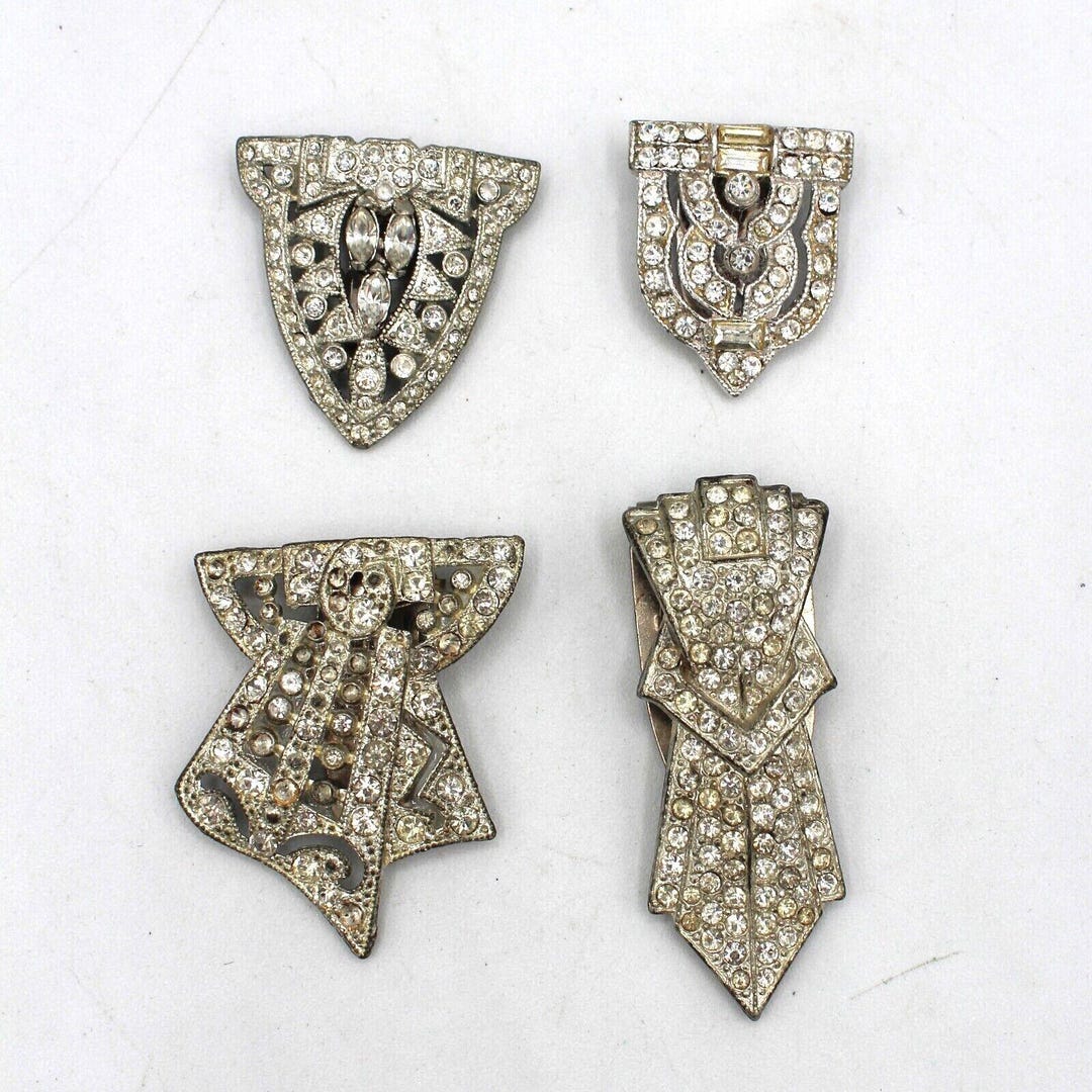 Vintage Art Deco Rhinestone Dress Clips Lot of 4 Pot Metal Silver Tone ...