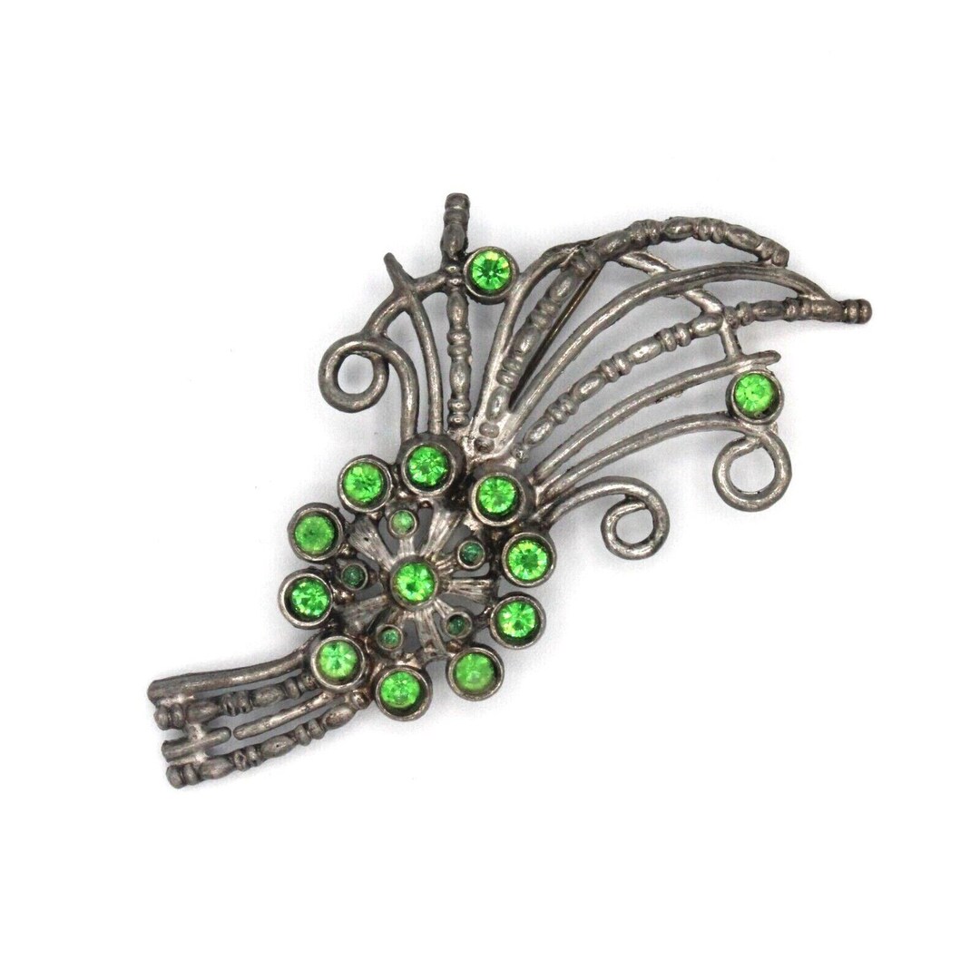 Vintage Art Deco Era Green Paste Glass & Silver Pot Metal Brooch Pin - Etsy