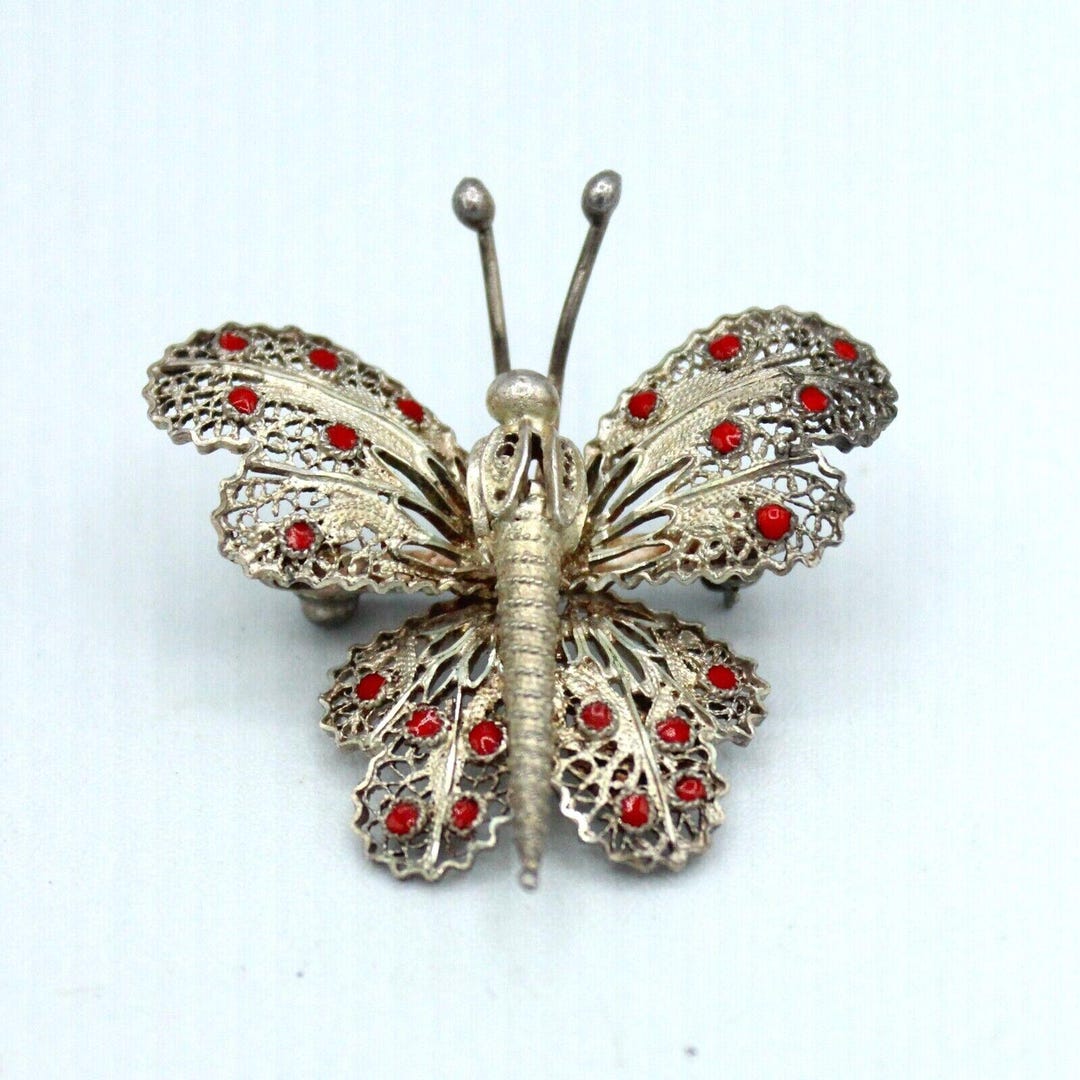 Vintage Topazio Sterling Silver Butterfly Brooch Pin W/ Red Enamel ...