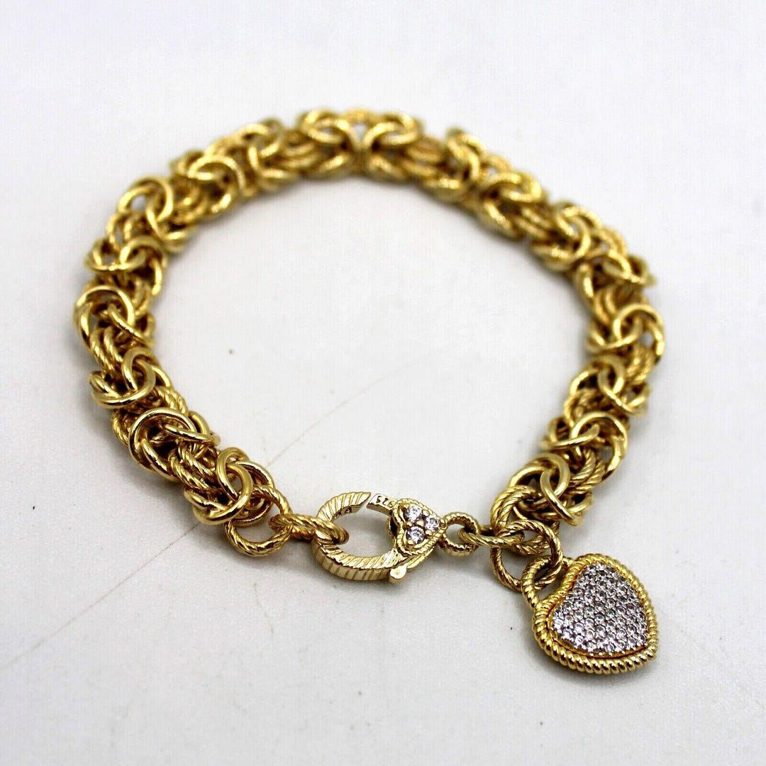 Judith Ripka CZ Verona Gold Clad 925 Silver Chain Bracelet Heart Charm ...