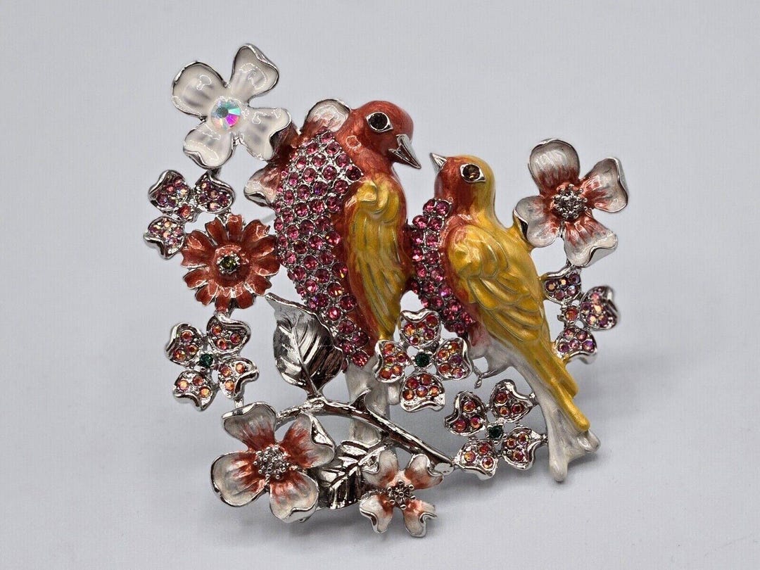 Kirks Folly Brooch Silver Enamel Crystal Large Turtle Doves Birds W ...