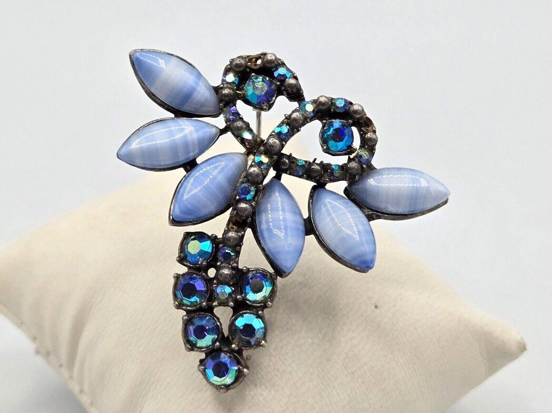 Vintage Blue Moonstone & Aurora Borealis Rhinestone Brooch Silver Tone ...