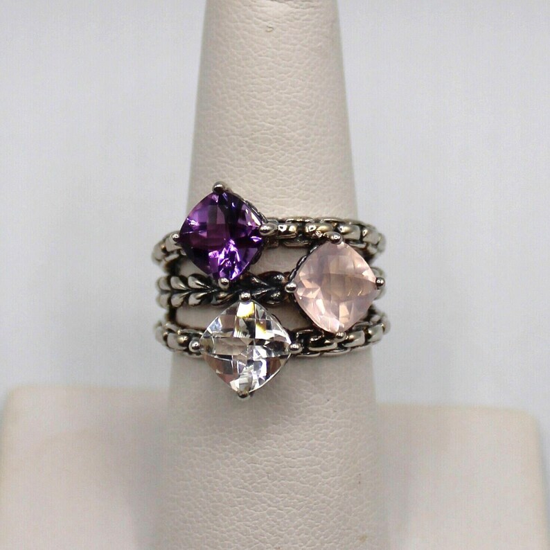 JAI Sterling Silver COOL Celebration Ring 3 Gemstone Pink Purple Clear ...