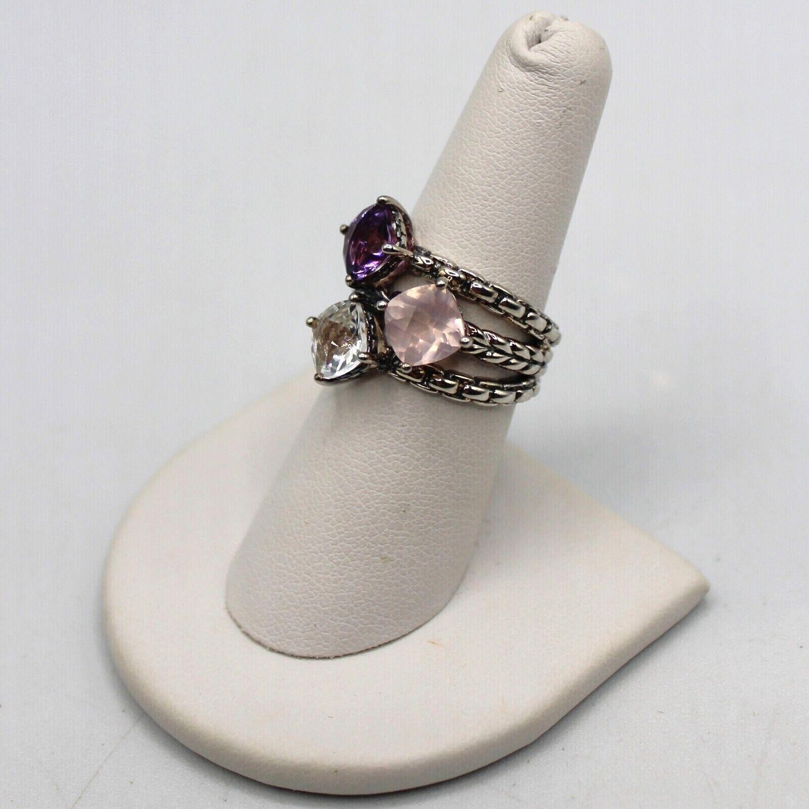 JAI Sterling Silver COOL Celebration Ring 3 Gemstone Pink Purple Clear ...
