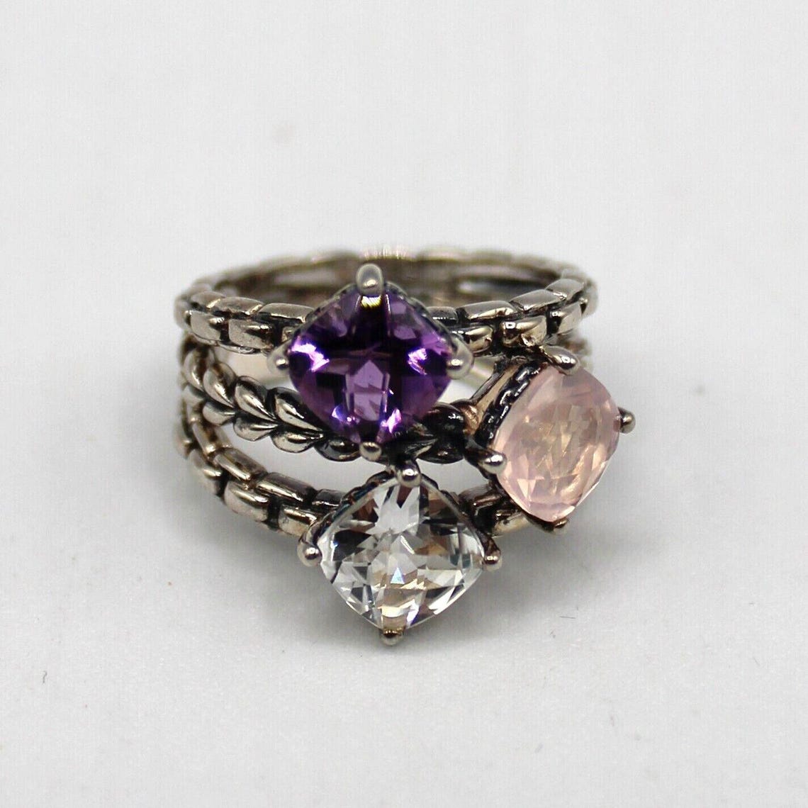 JAI Sterling Silver COOL Celebration Ring 3 Gemstone Pink Purple Clear ...