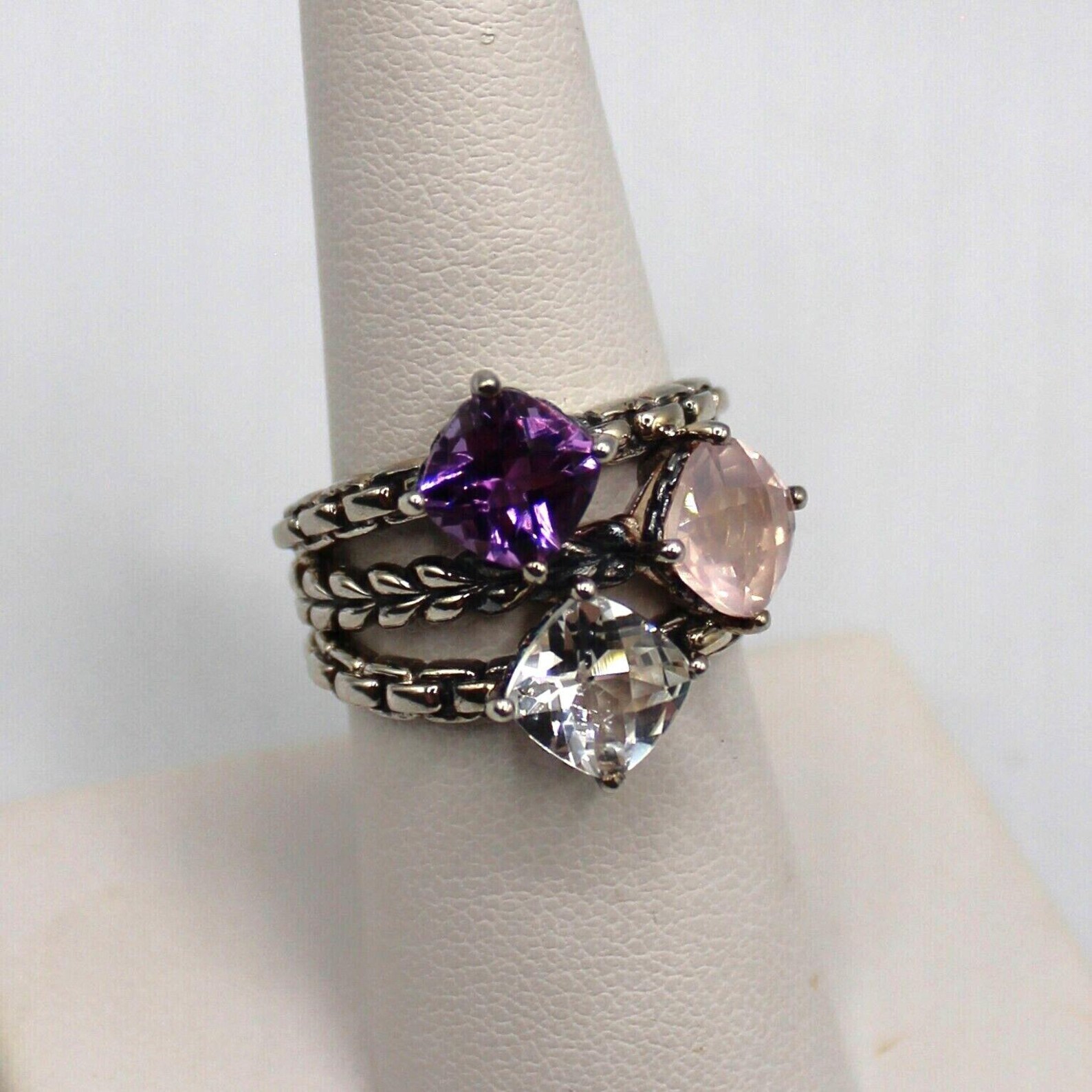 JAI Sterling Silver COOL Celebration Ring 3 Gemstone Pink Purple Clear ...
