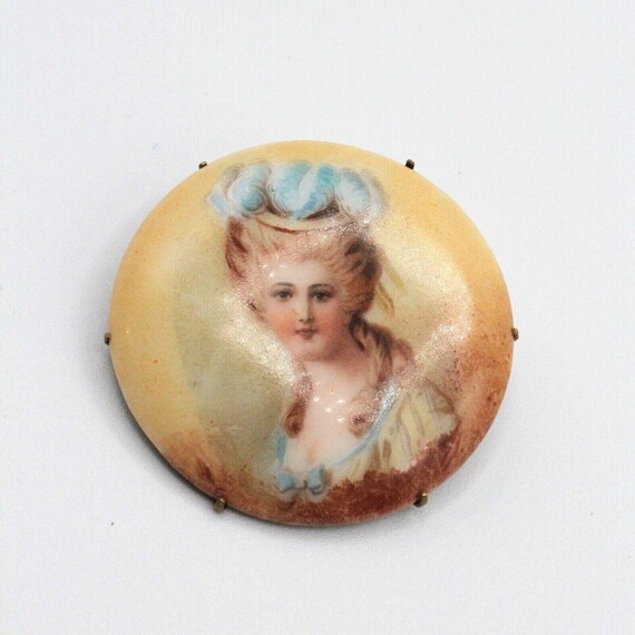 Antique Victorian Porcelain Round Portrait Brooch Pin… - Gem