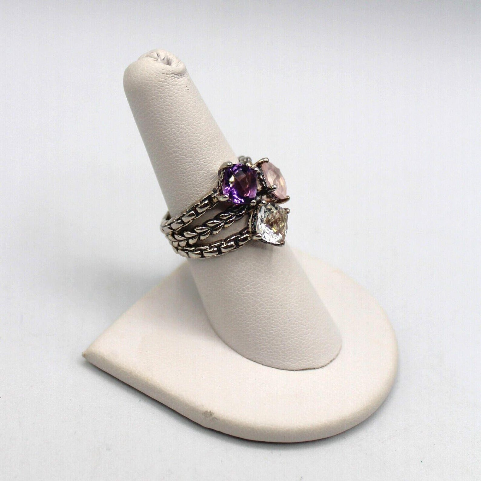 JAI Sterling Silver COOL Celebration Ring 3 Gemstone Pink Purple Clear ...