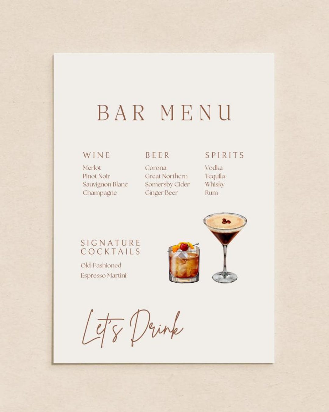 Signature Bar Menu Sign Template Easy Editable Custom, Beige Neutral ...