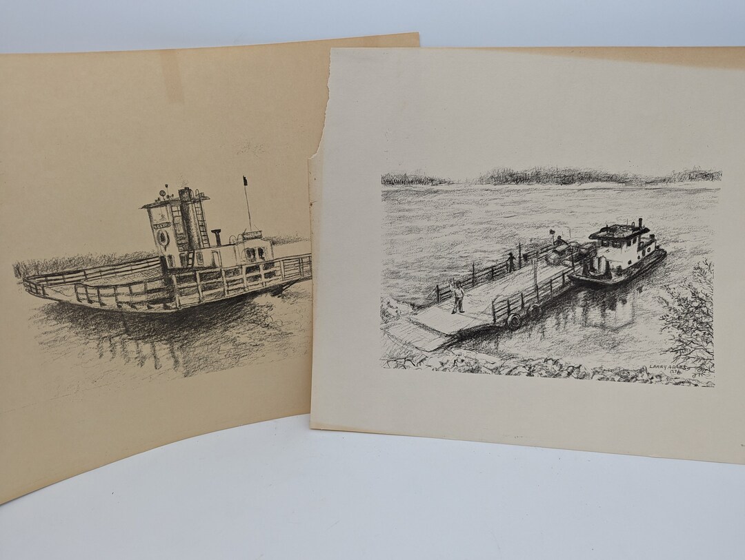 Lot of 2 Car Ferry Graphite Pencil Art Sketch Drawing Print Folk Art ...